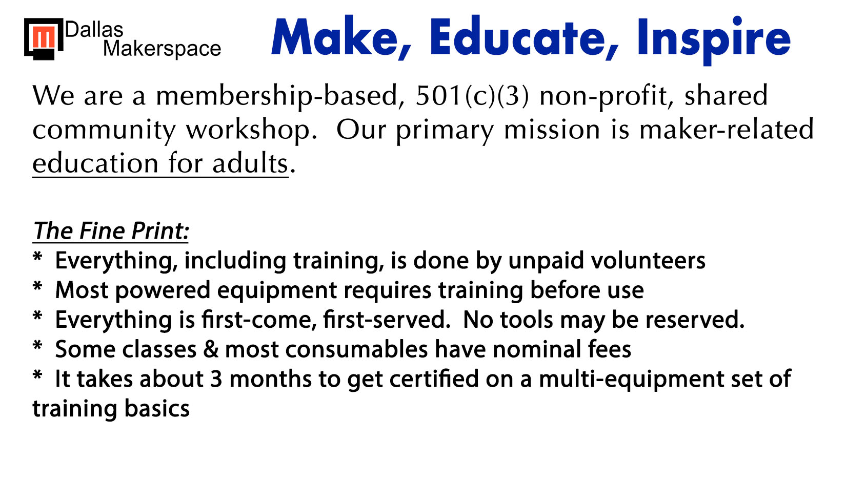 Open Tour Night - suggestion for guides - Public Relations - Dallas Makerspace Talk